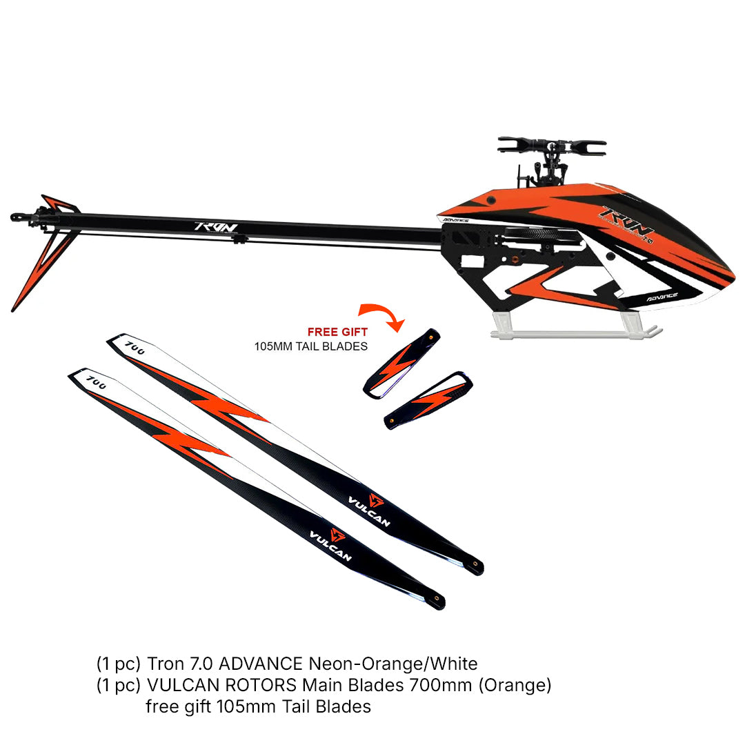 Tron 7.0 ADVANCE Neon-Orange/White + VULCAN 700mm & 105mm Rotor Blades ...
